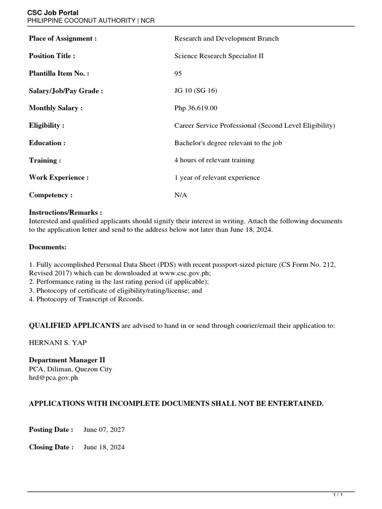 Science Research Specialist II Job Opening | PDF