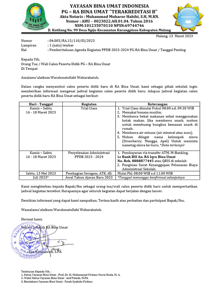 SURAT PEMBERITAHUAN KEGIATAN PPDB 2023 - 2024 | PDF