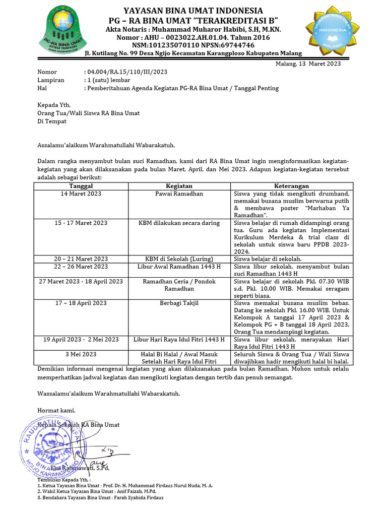 Surat Pemberitahuan Kegiatan Bulan Ramadhan | PDF