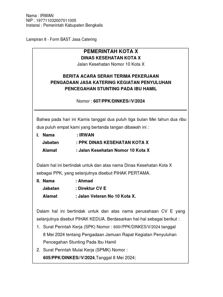 Berita Acara Serah Terima Jasa Catering | PDF | Hukum