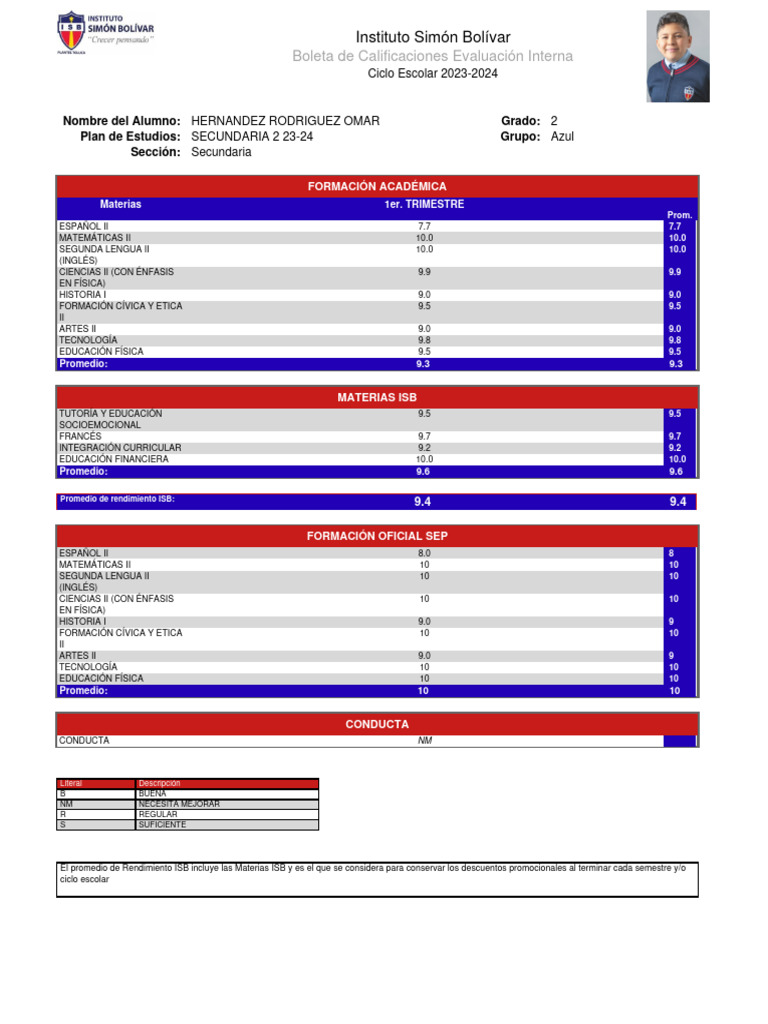 Boleta de Calificaciones Evaluación Interna: Instituto Simón Bolívar | PDF