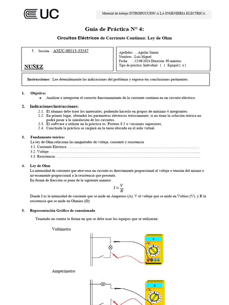 GUIA DE PRACTICA N°4 LEY DE OHM (1) tarea | Descargar gratis PDF | Resistencia Eléctrica y ...
