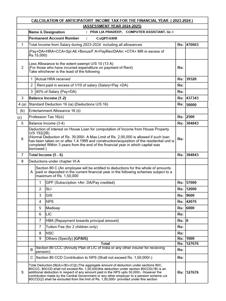 Anticipatory Income Tax Statement 2024-25 (MANJUSHA - 27.01.2024) | PDF ...