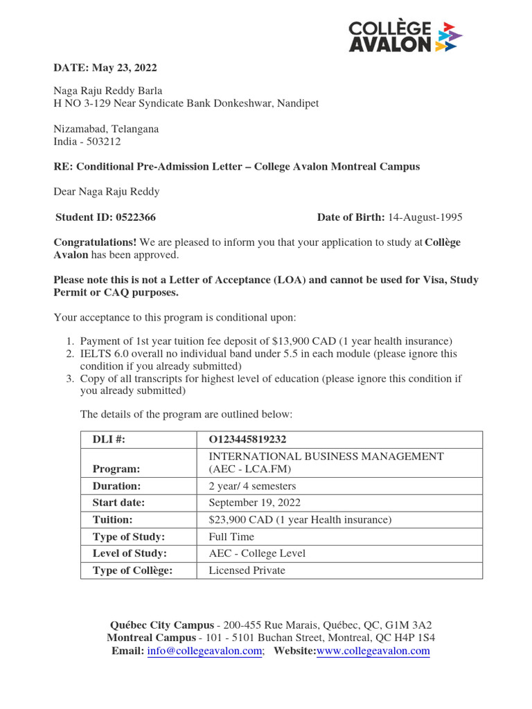 Pre Admission Letter NagaRajuReddy AVL-68832205 | PDF