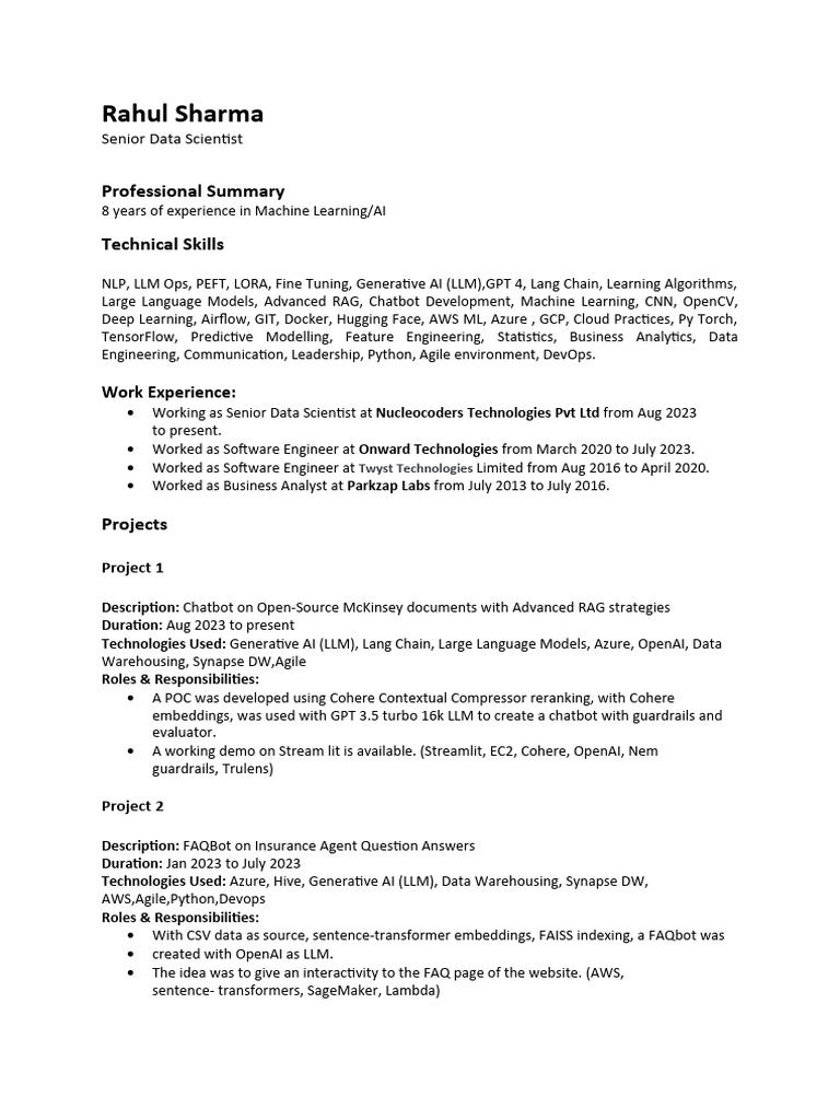 Rahul Sharma Data Scientist Resume | PDF | Data Warehouse | Artificial Intelligence
