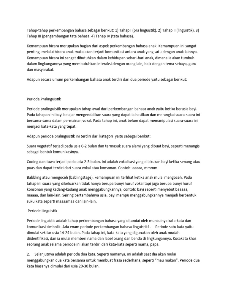 Tahap Tahap Perkembangan Bahasa Pada Anak | PDF | Seni & Disiplin Bahasa