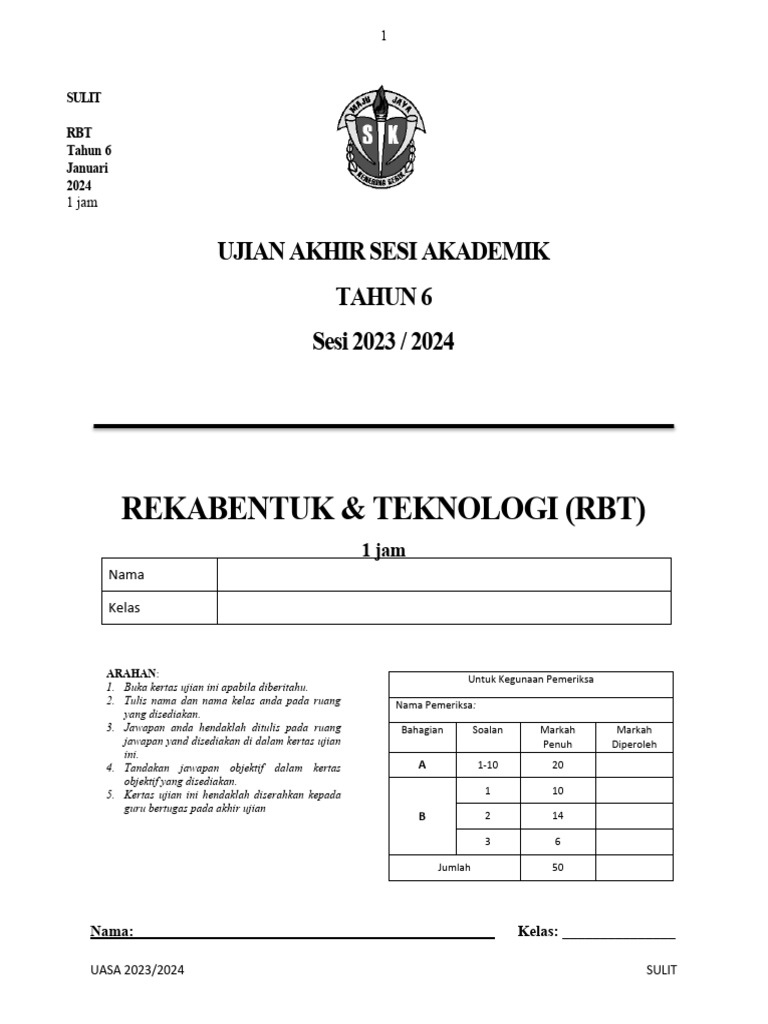 Soalan UASA RBT Tahun 6 | PDF