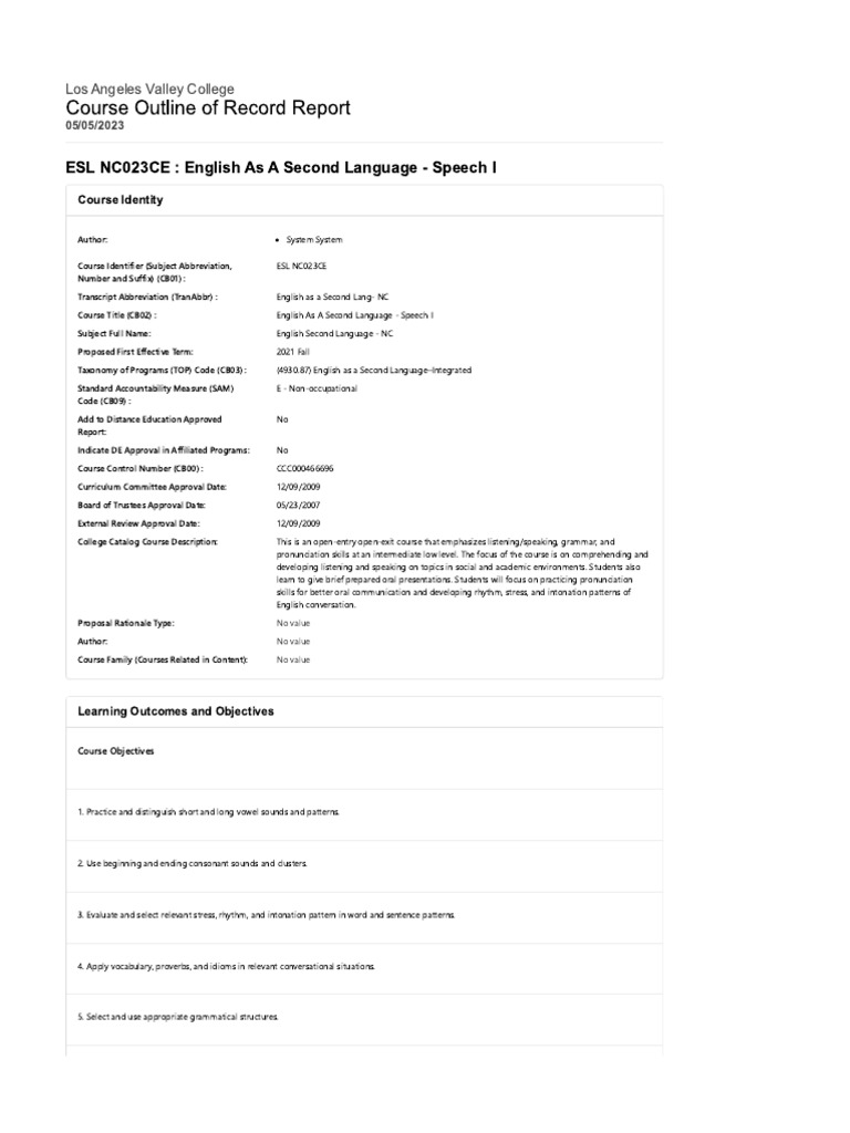 Course Outline of Record Report | PDF