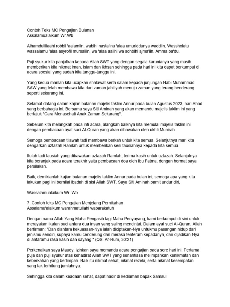 Contoh Teks MC Pengajian Bulanan | PDF