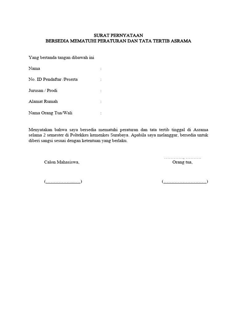 Surat Pernyataan Mematuhi Tata Tertib Asrama | PDF