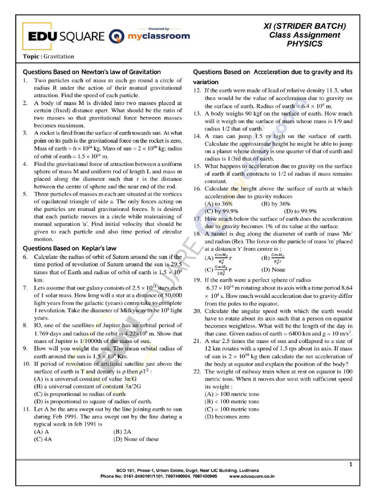 10+1 Class Assignment Gravitation Physics | PDF