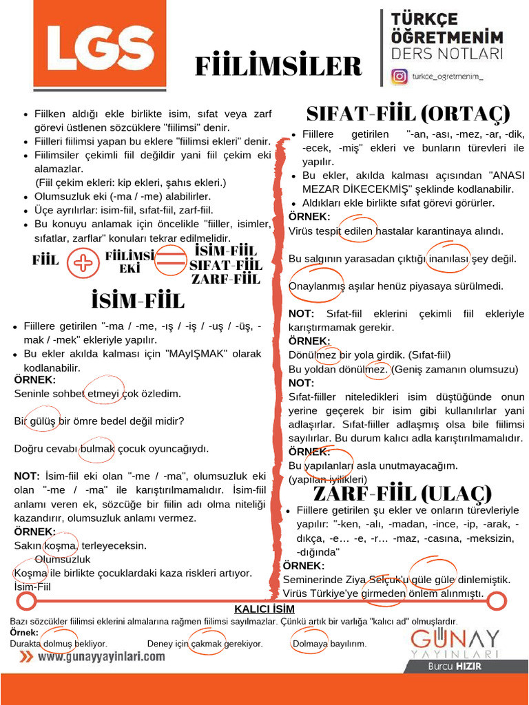 8.sınıf Türkçe Fiilimsiler Konu Özeti | PDF