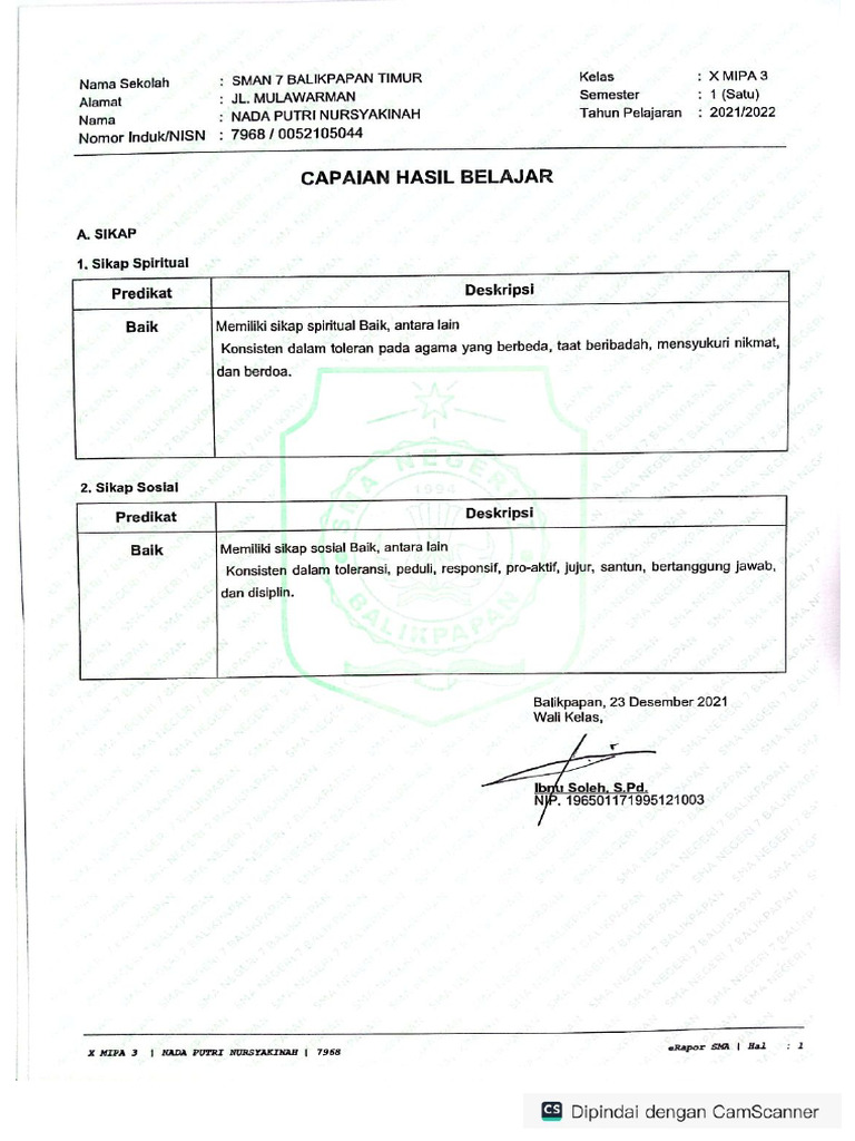 Nilai Rapot 1-5 | PDF