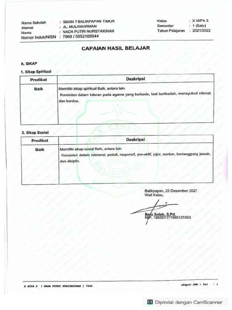 Nilai Rapot 1-5 - Compressed (1) (1) - Dikompresi - 11zon | PDF