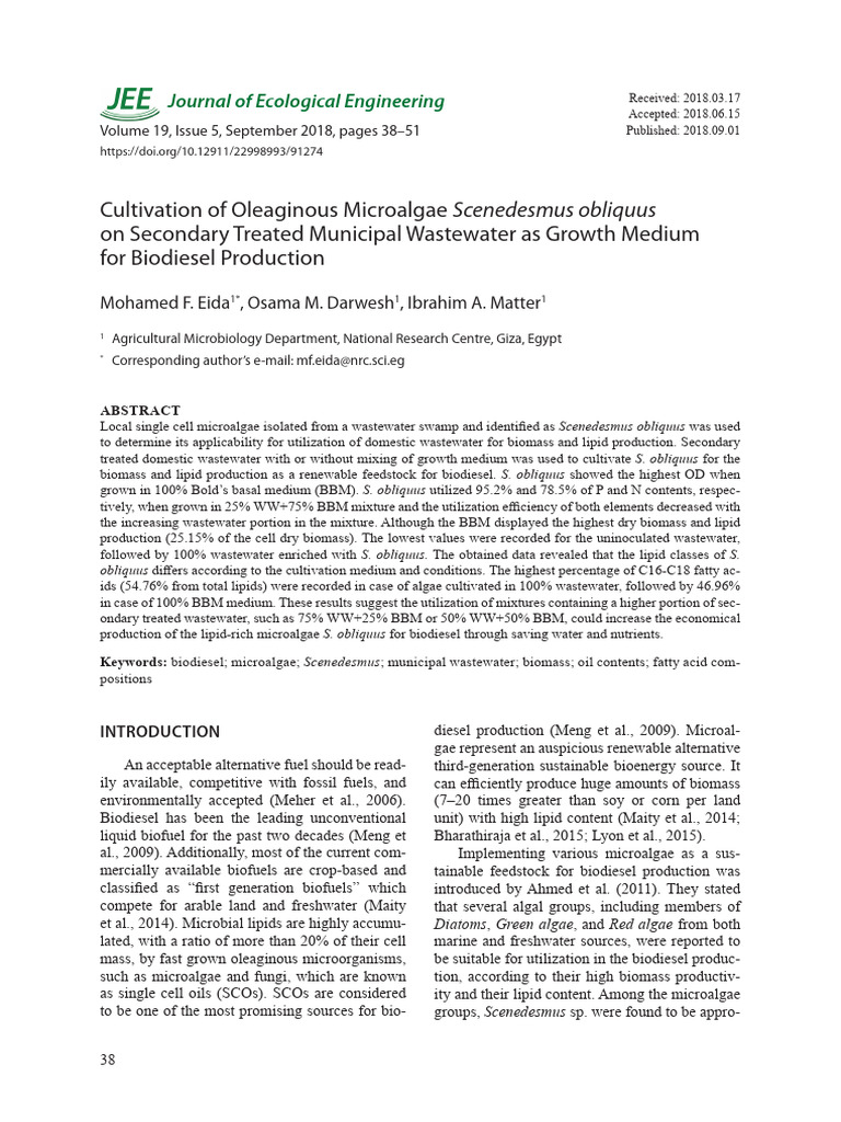 5 Eida Et Al. Cultivation of Oleaginous 38-51 | PDF | Algae Fuel | Biofuel