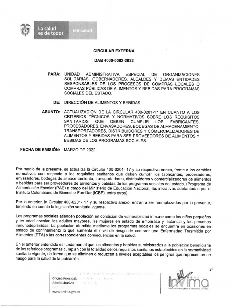 Circular Externa 4000-0082-22 Req-San-Prov-Progr-Sociales-Estado | PDF