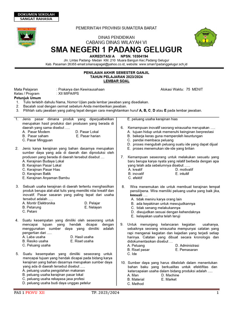 Soal Pas 1 Pkwu Kelas Xii 23.24 | PDF