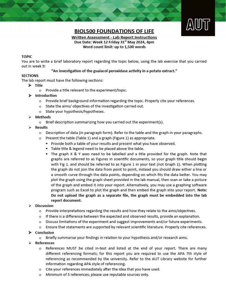 BIOL500 FOUNDATIONS OF LIFE LAB REPORT INSTRUCTIONS - Moderated | PDF ...