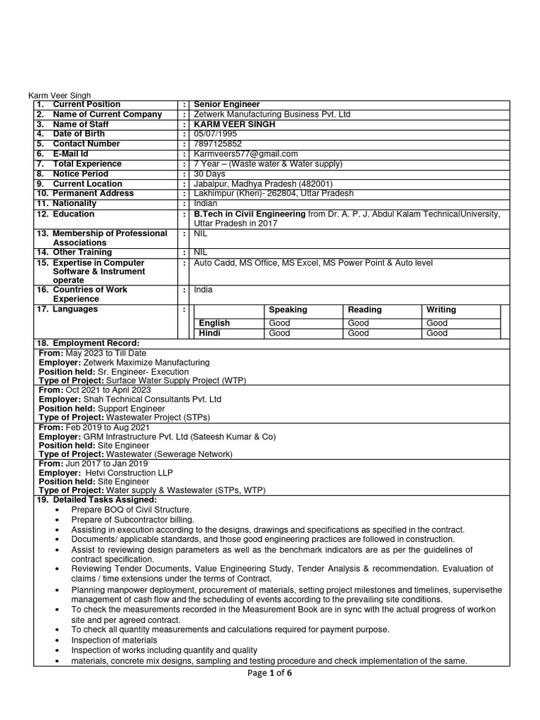 CV-Karm Veer Singh. | PDF | Specification (Technical Standard) | Reliability Engineering