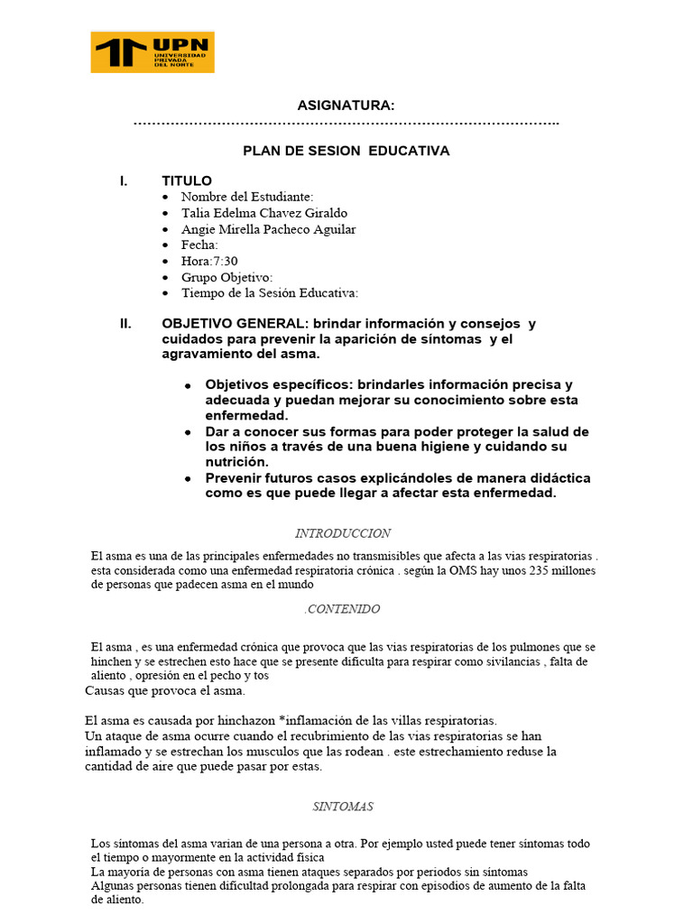 S13 - T3 - UPN Plan de Sesion Educativa | PDF | Asma | Medicina