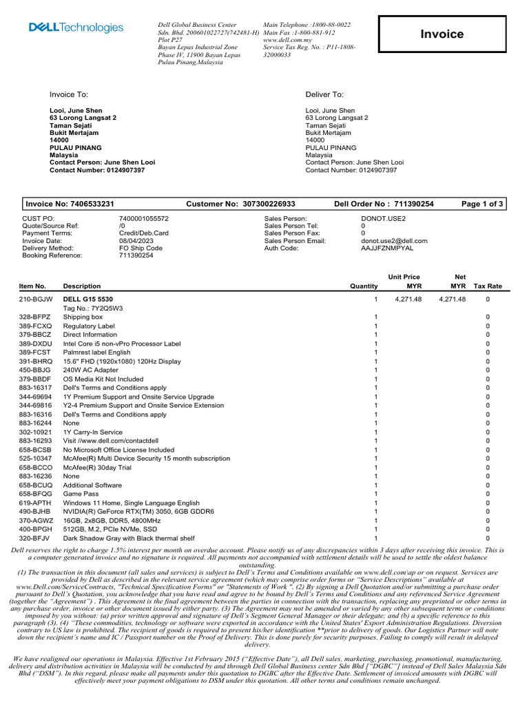 Dell g15 5530 Invoice | PDF | Cheque | Dell