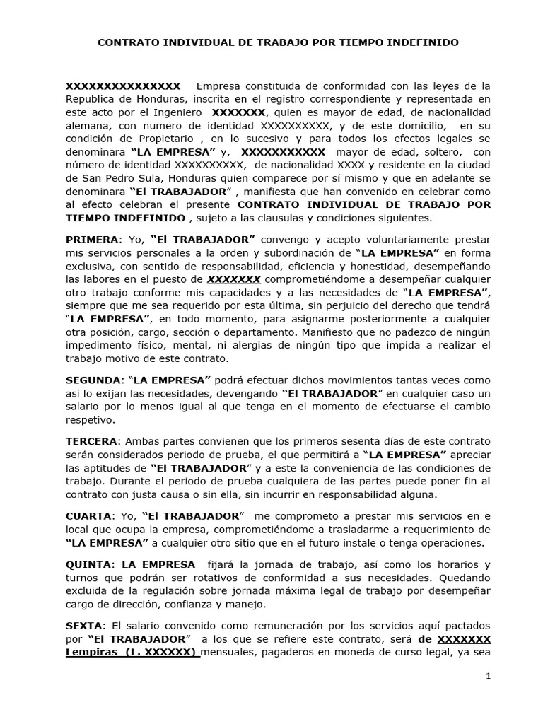 Contrato Individual de Trabajo Por Tiempo Indefinido Formato | PDF | Salario | Business
