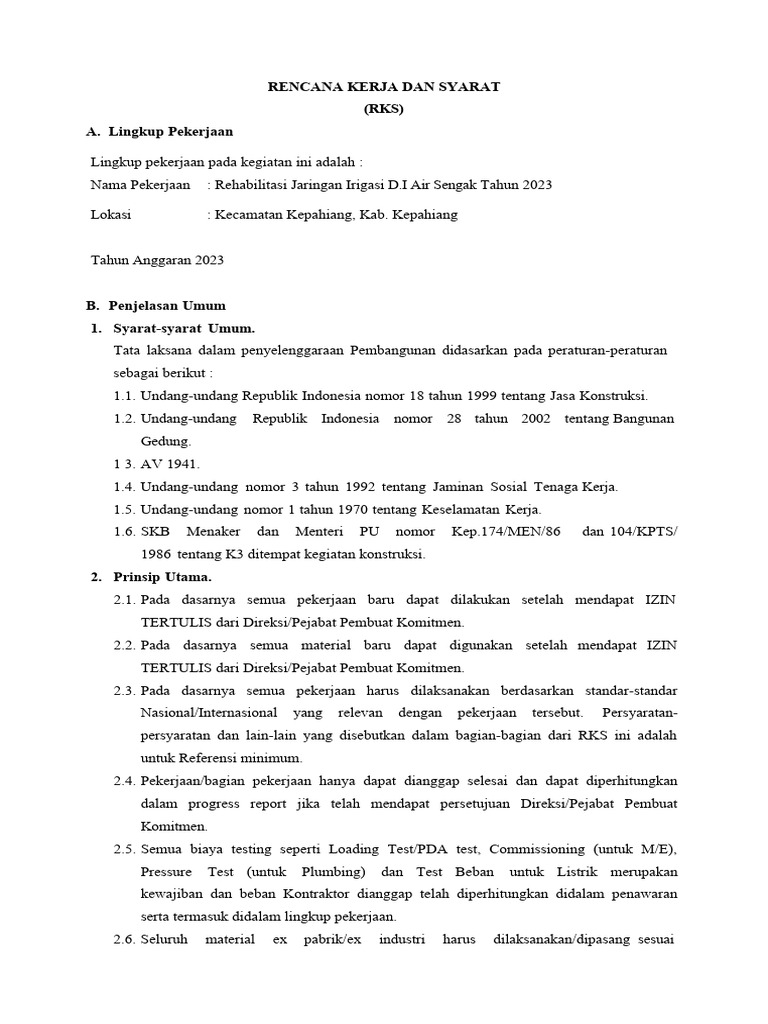 RKS Irigasi | PDF | Teknologi & Rekayasa