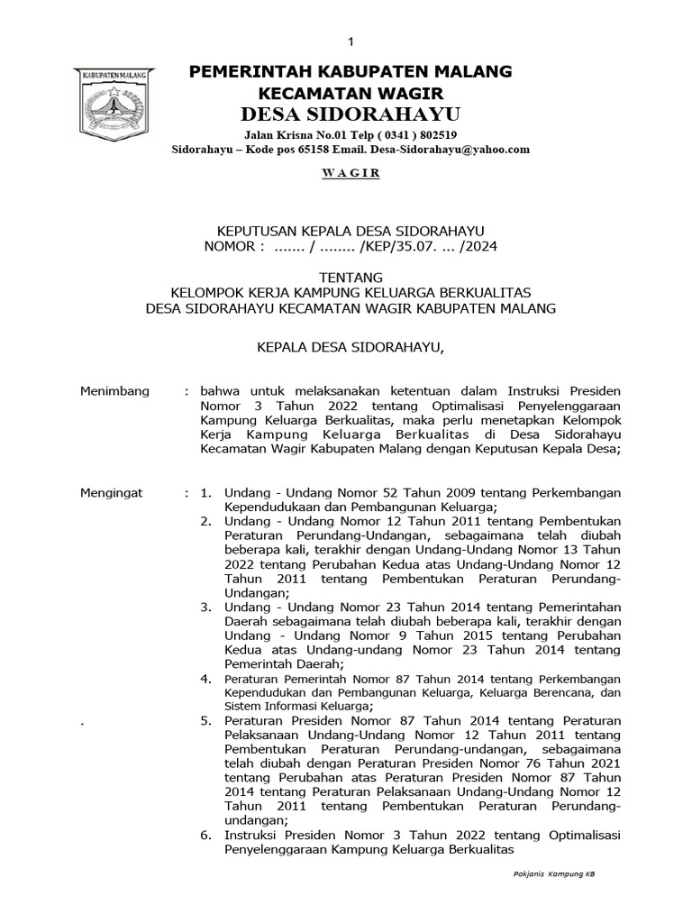 SK Pokja Kampung Keluarga Berkualitas - Desa 2024 + Struktur | PDF