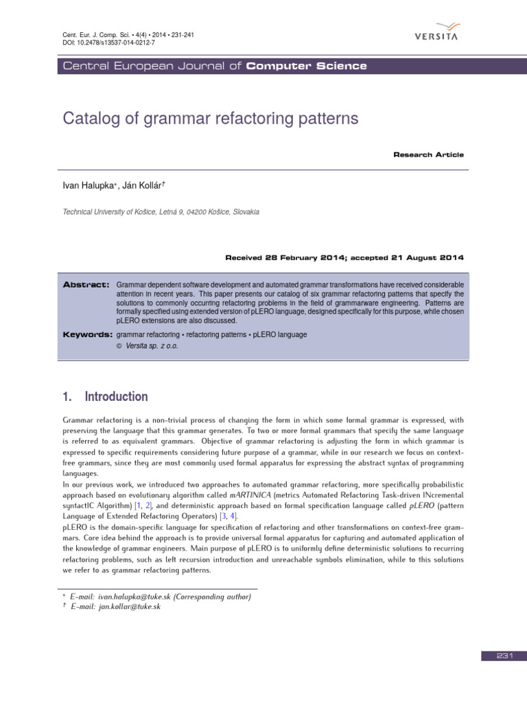 Catalog of Grammar Refactoring Patterns | PDF | Parameter (Computer Programming) | Programming ...