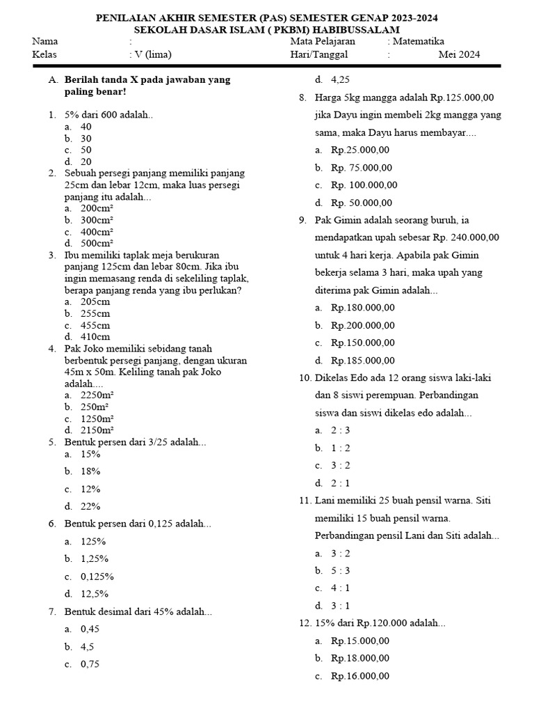 Soal Pas Matematik Kls 5 | PDF