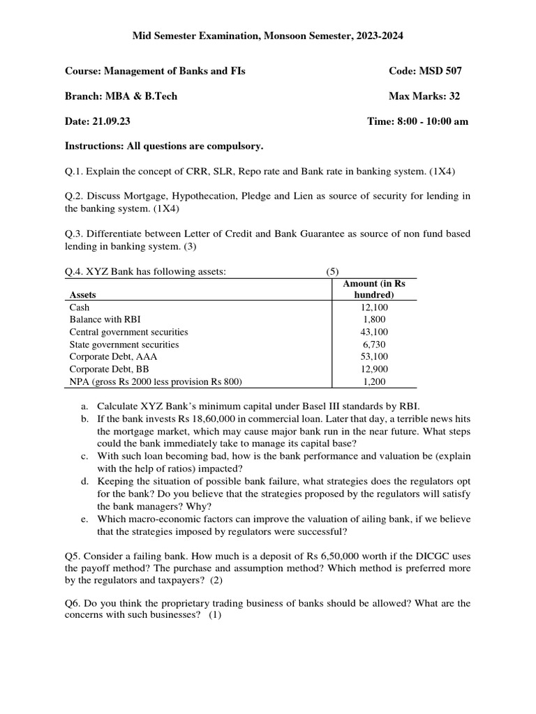 Mid-Semester Exam: Bank Management | PDF | Banks | Finance & Money Management