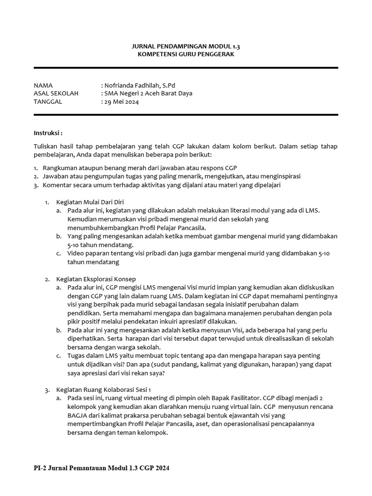 Jurnal Pemantauan Modul 1.3 Oleh CGP | PDF