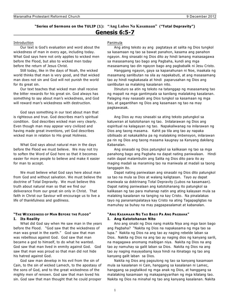 Genesis 6 Vss 5 To 7 Dec 2012 MPRCV Tagalog English Tulip 1 | PDF