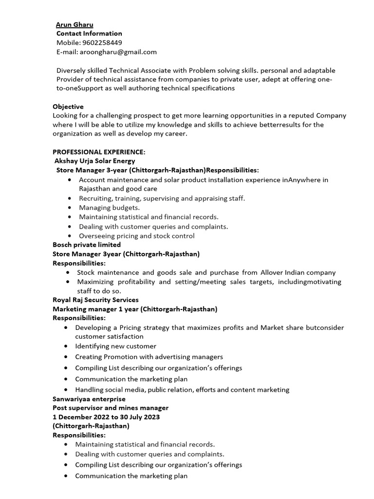 Arun cv1 | PDF | Marketing | Knowledge