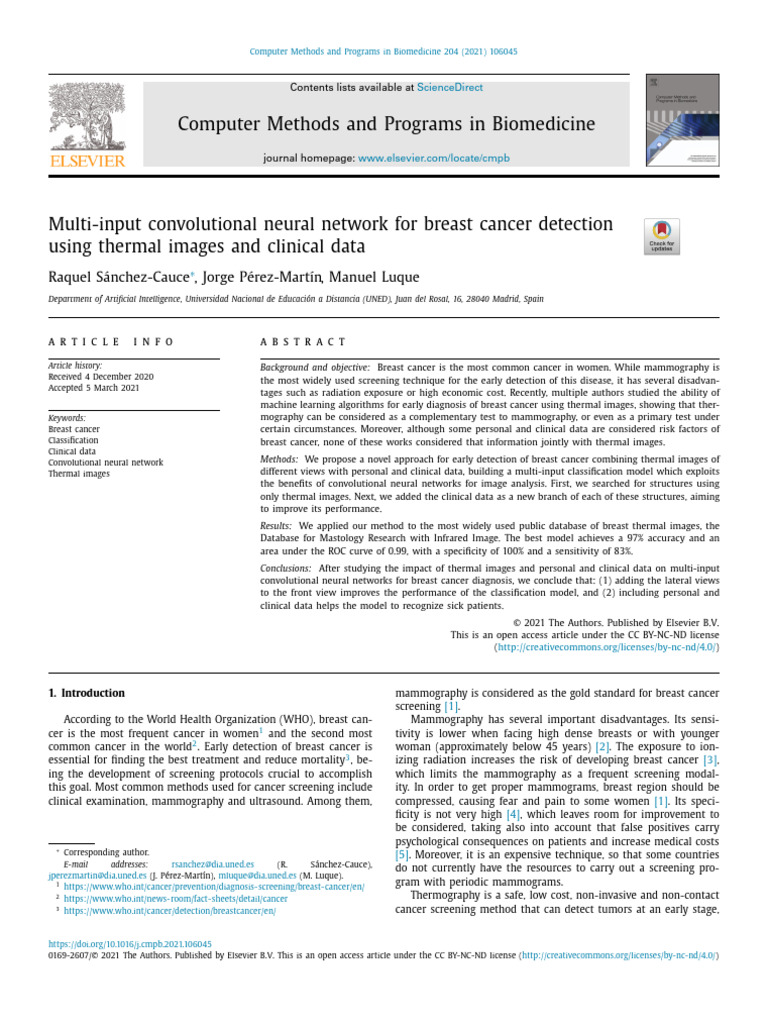 Multi Input Convolutional Neural Network For Breas2021computer Methods And Pdf Mammography 