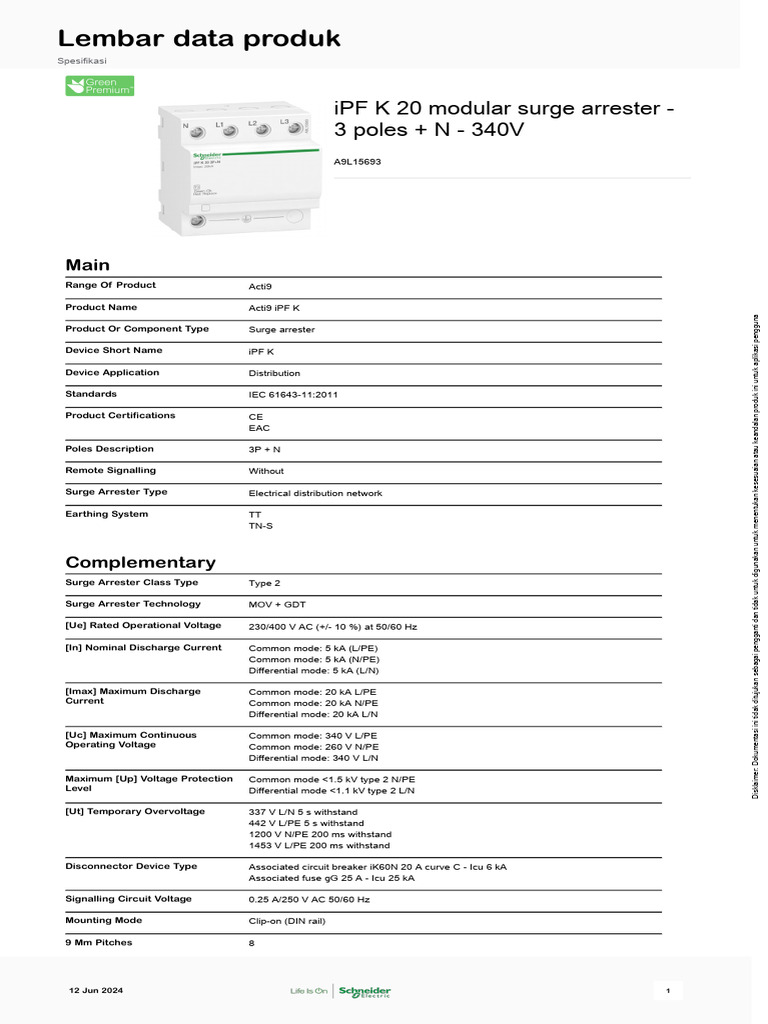 Acti9 iPF K Surge Arrester 3P+N 340V | PDF | Electrical Components ...