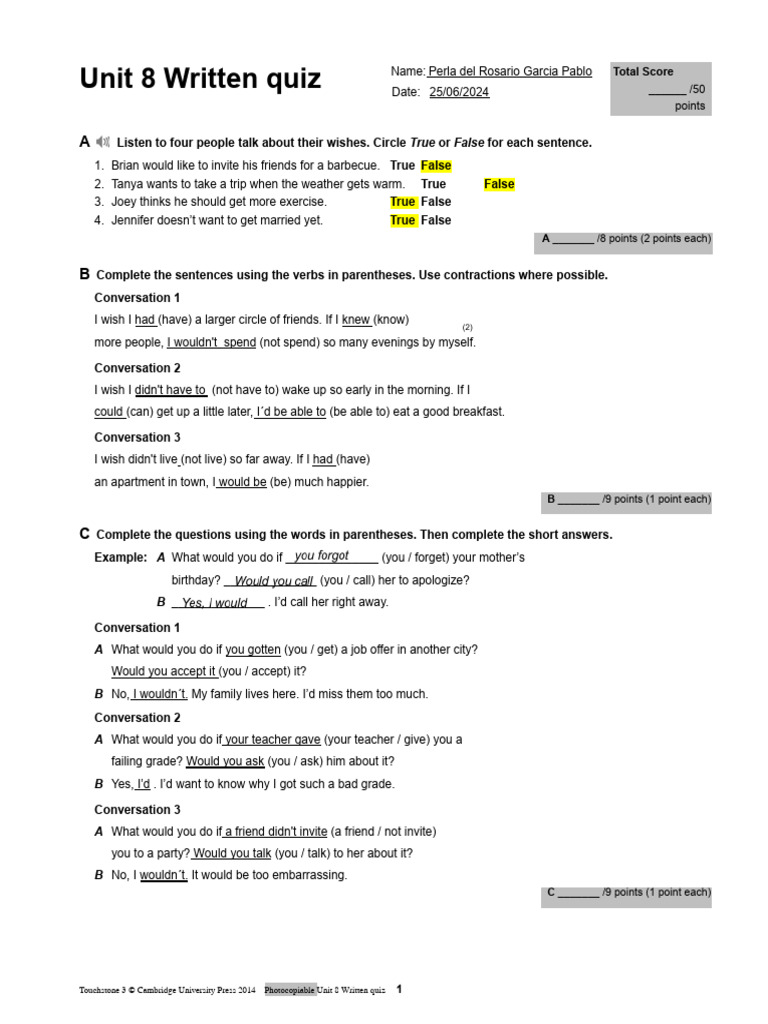 Unit 8 Written Quiz: Total Score | PDF