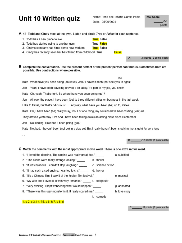 Unit 10 Written Quiz: Total Score | PDF