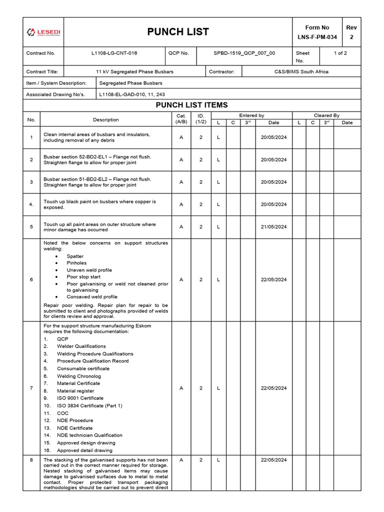 11 kV Busbars Punch List Document | PDF | Nondestructive Testing