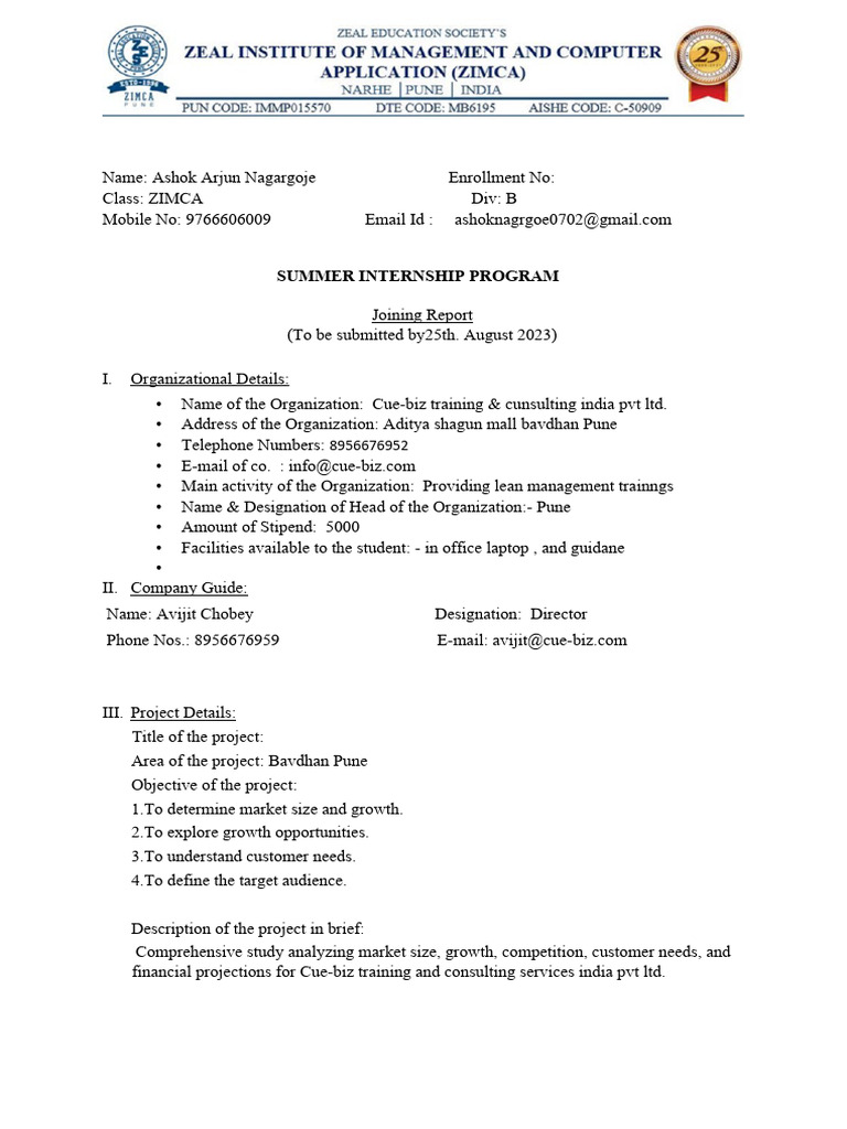 Ashok SIP Joining Report | Download Free PDF | Computing