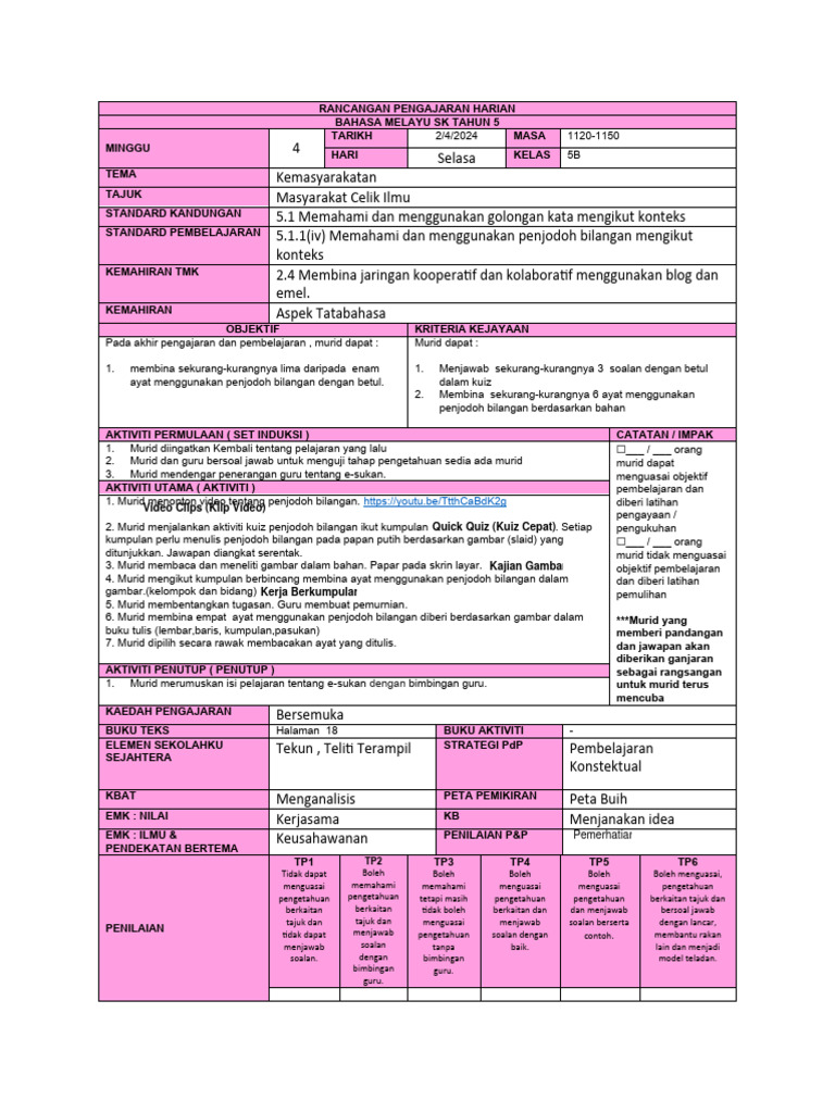 M4 RPH Minggu 4 BM SK THN 5 2024 by Cikgu Gorgeous | PDF