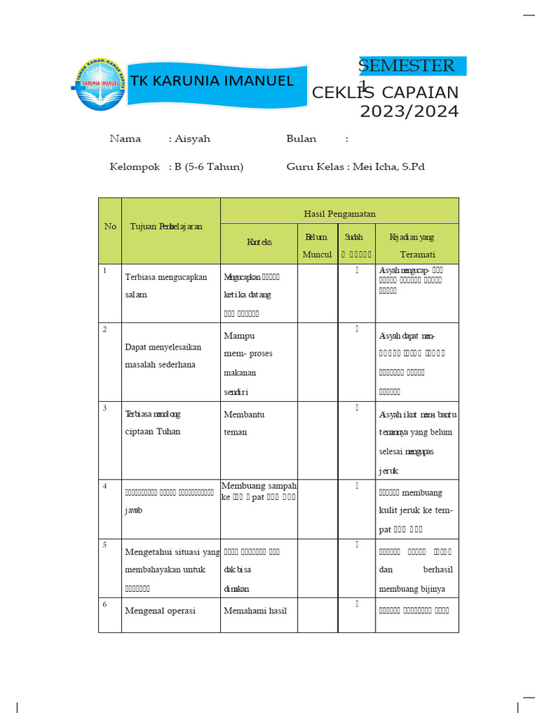 Ceklis Skala Capaian Paud | PDF