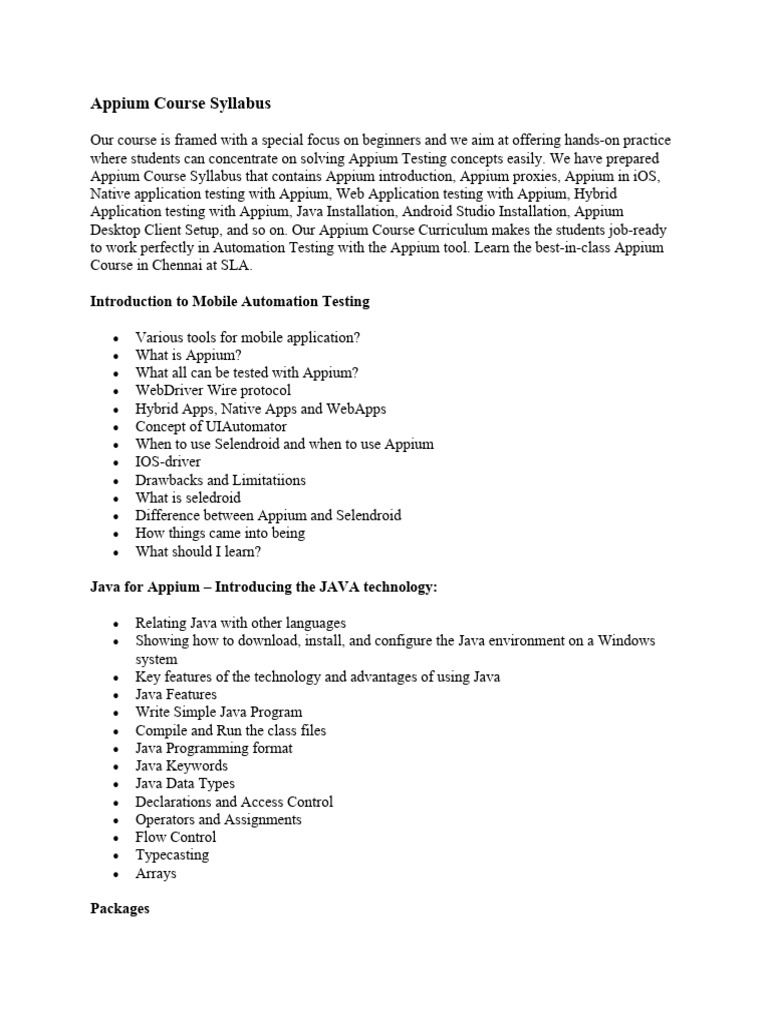Appium Course Syllabus11111111111 | PDF | Mobile App | Java (Programming Language)