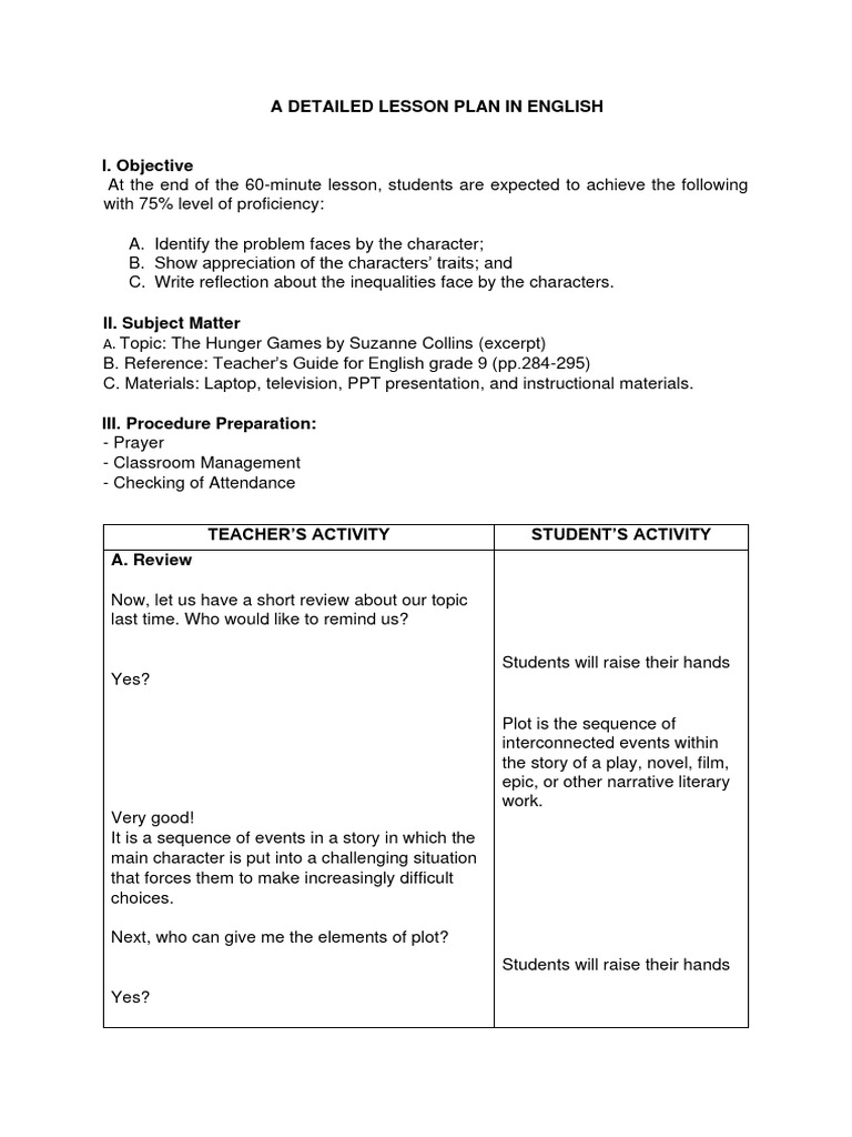 A-Detailed-Lesson-Plan-In-English 9 | PDF | The Hunger Games