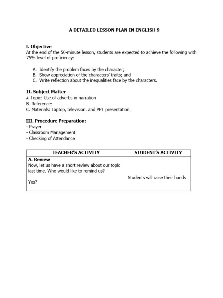 English 9 Lesson Plan: Adverbs in Narration | PDF