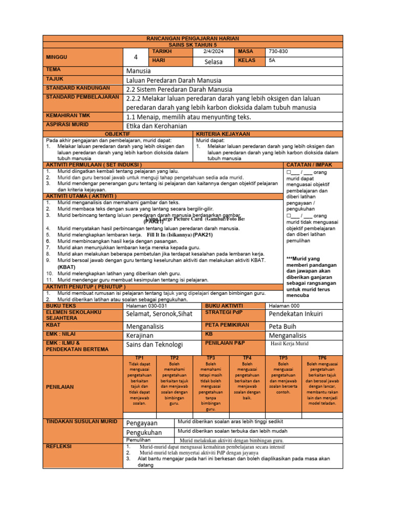 M4 RPH Sains THN 5 2024-2025 by Cikgu Gorgeous | PDF