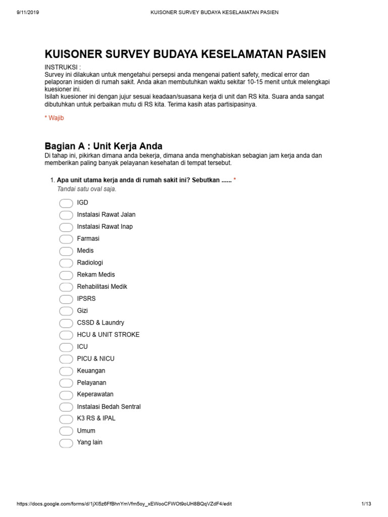 KUISONER SURVEY BUDAYA KESELAMATAN PASIEN - Google Formulir | PDF