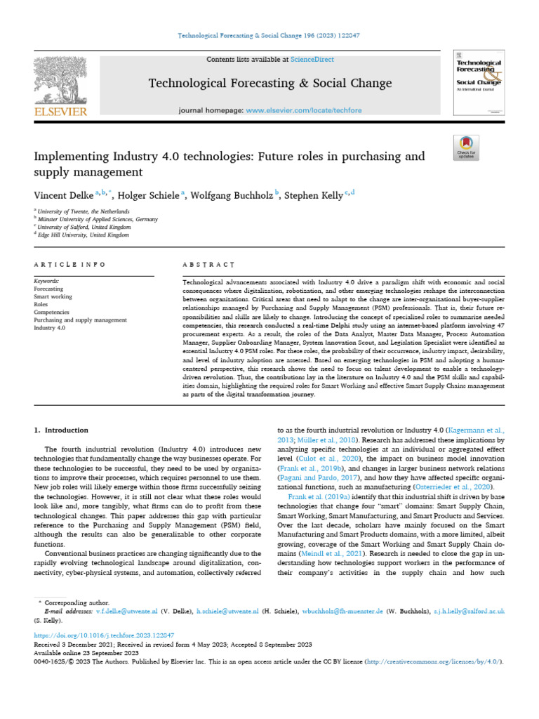 Implementing Industry 4.0 Technologies Future Roles in Purchasing and Supply Management | PDF ...