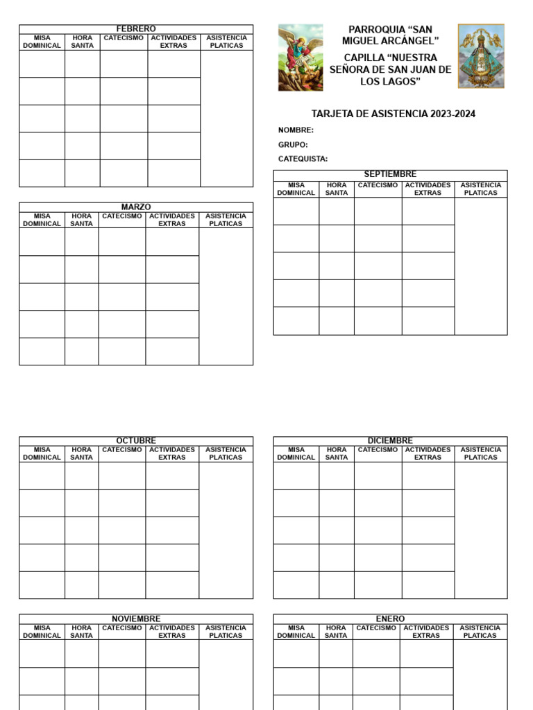 Tarjeta de Asistencia, Catequesis 2023-2024-1 | PDF