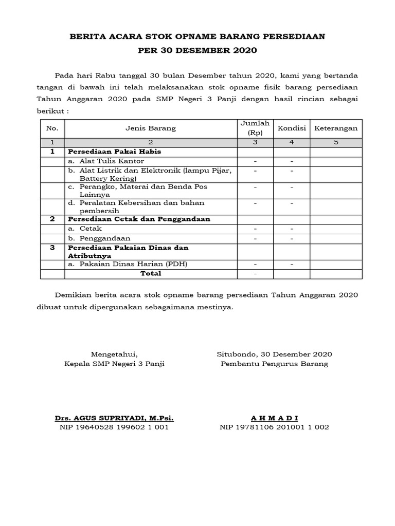 Berita Acara Stok Opname 2022 | PDF